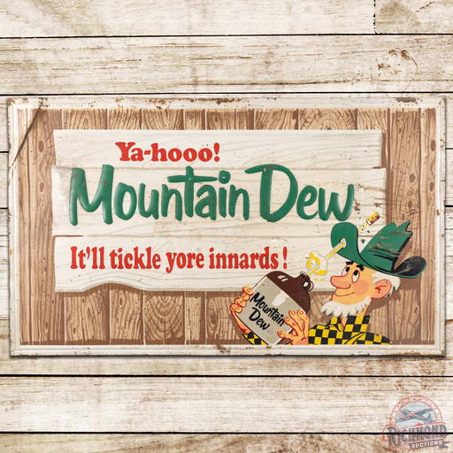 58" Yahoo! Mountain Dew "it'll Tickle Yore Innards!" Ss Tin Sign W/ Hillbilly