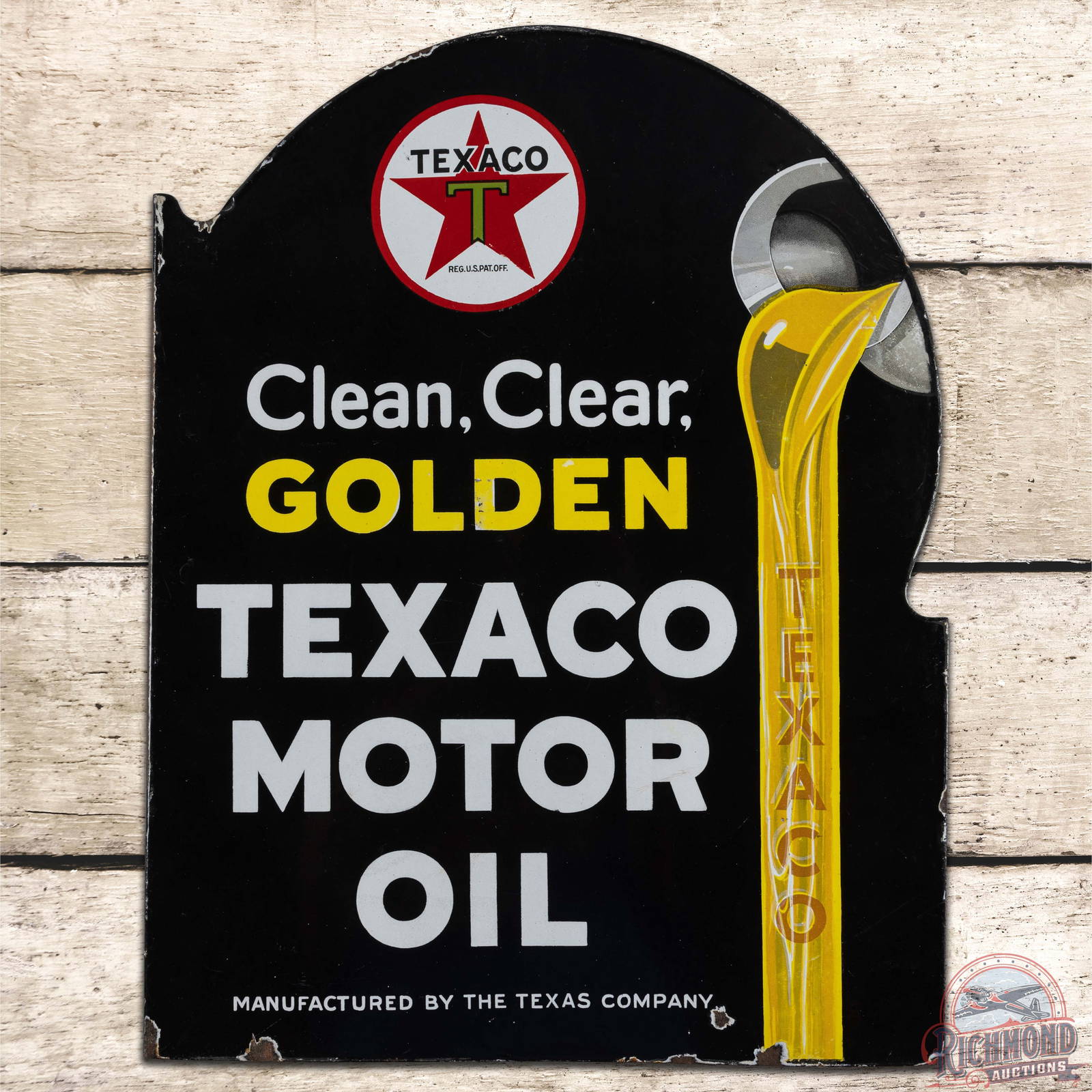 Texaco Motor Oil "clean Clear Golden" Ds Porcelain Flange Sign Auction