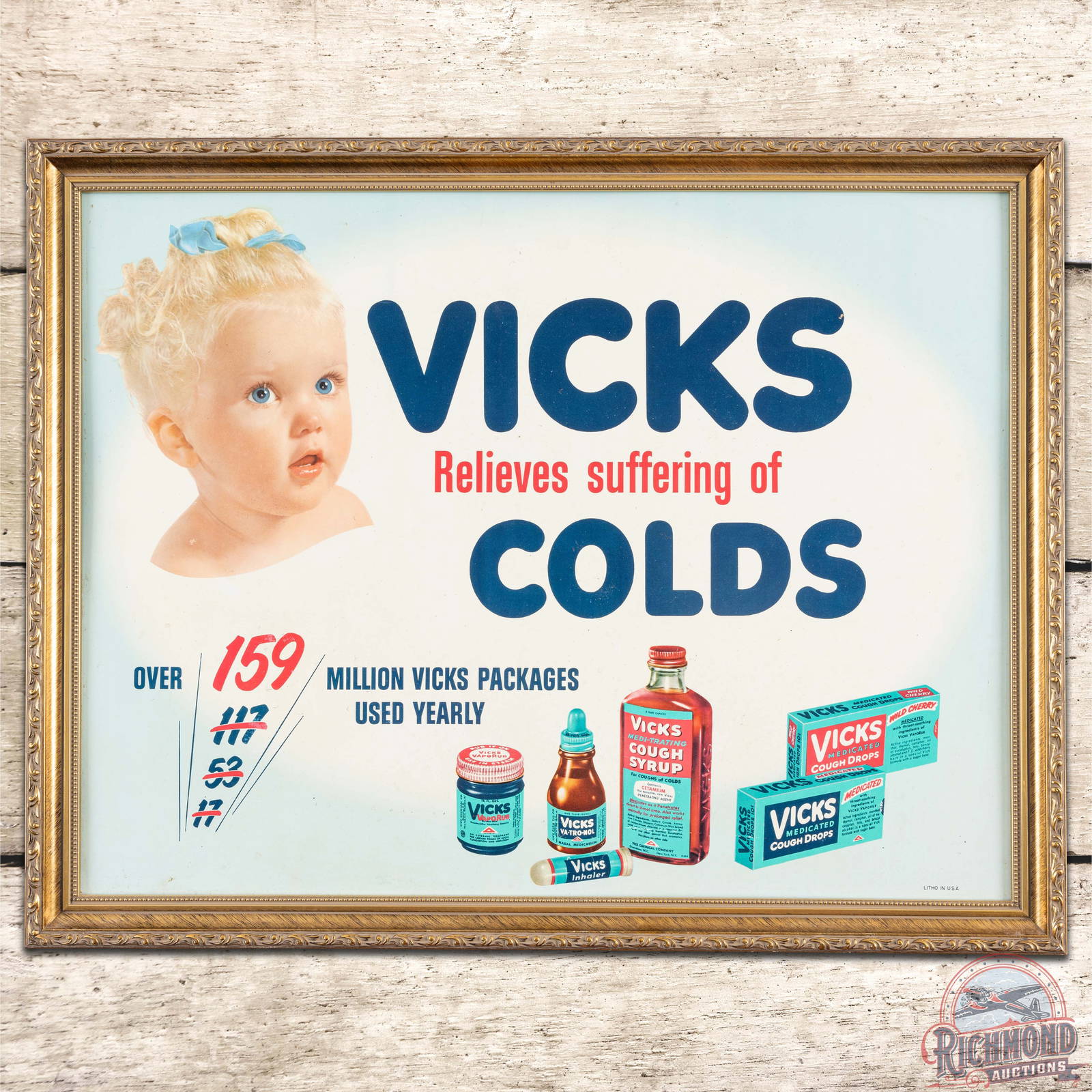 Vicks "relieves Suffering Of Colds" Framed Ss Tin Sign Auction