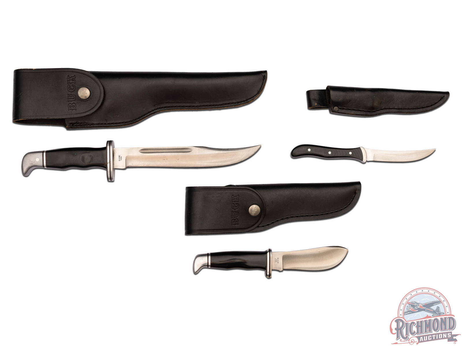 Three Fixed Blade Buck Knives With Black Leather Sheaths Auction