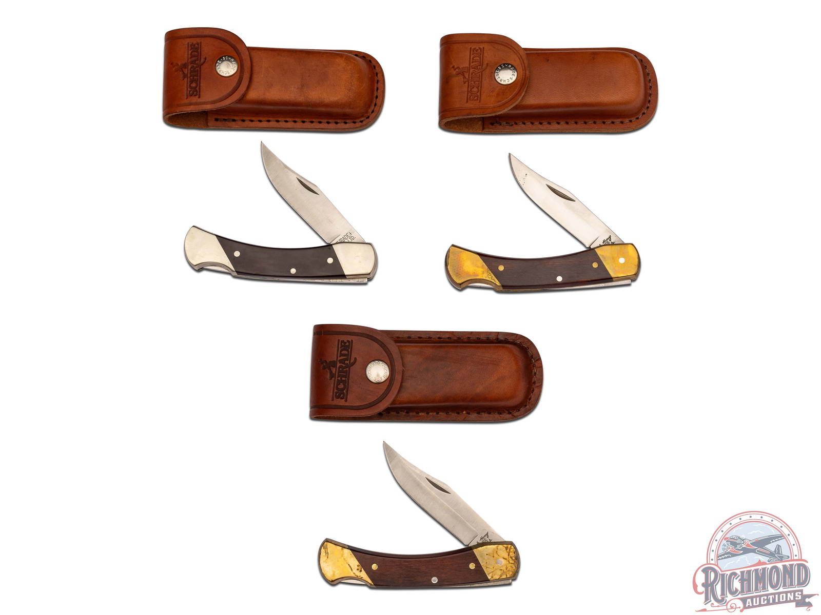 Three Schrade Model Lb7 Lockback Folder Knives With Leather Cases Auction