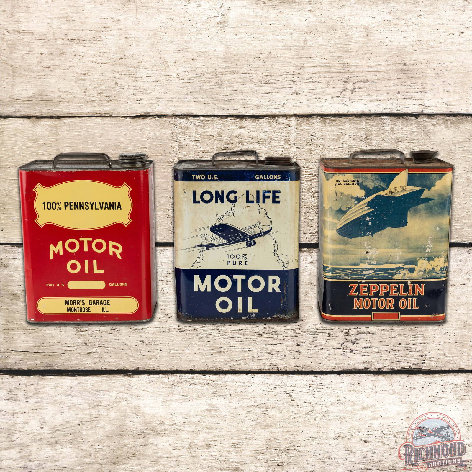 Group Of Three 2 Gallon Motor Oil Aviation Themed Cans Long Life ...