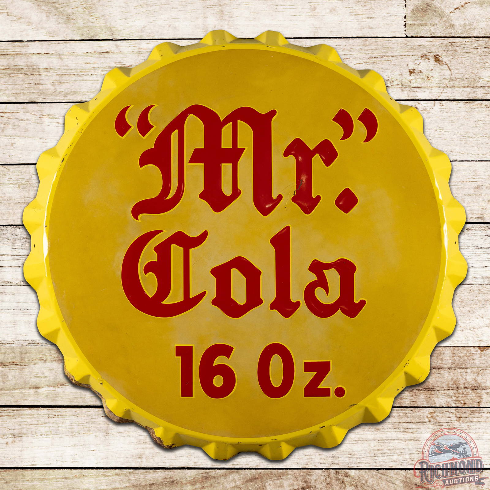 Mr. Cola 16 Oz. Reflective 39" Single Sided Tin Bottlecap Sign Auction