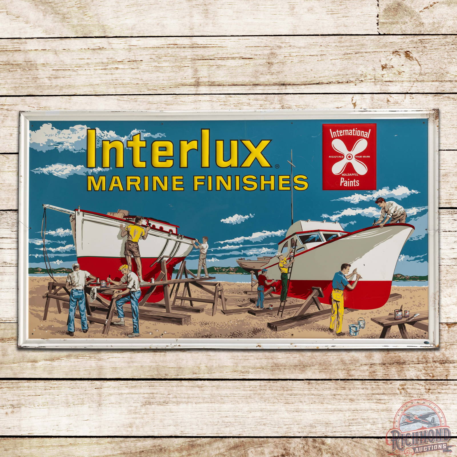 Interlux Marine Paints Emb. Single Sided Tin Logo Sign W/ Boats Auction