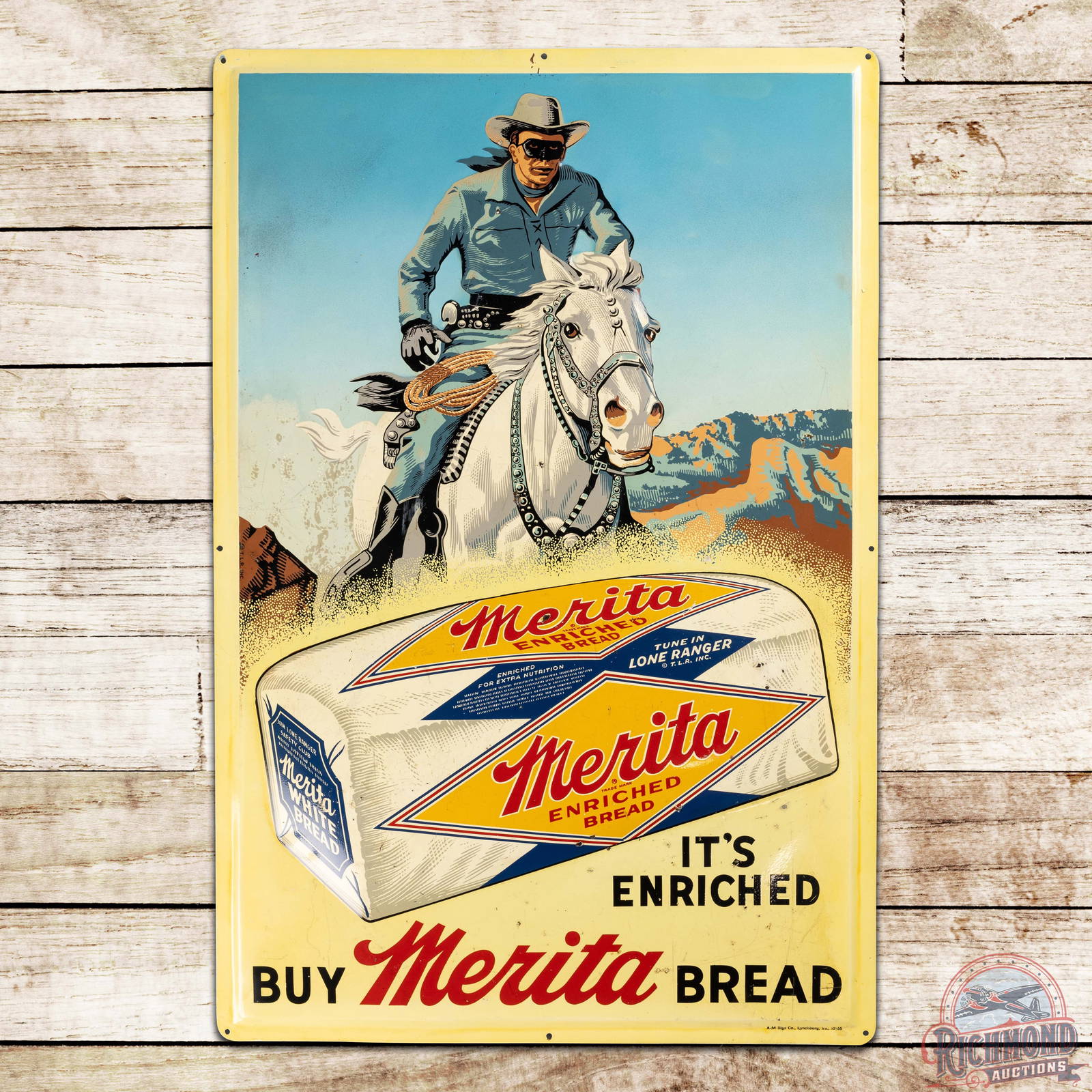 1955 Merita Enriched Bread Emb. Single Sided Tin Sign W/ Lone Ranger ...