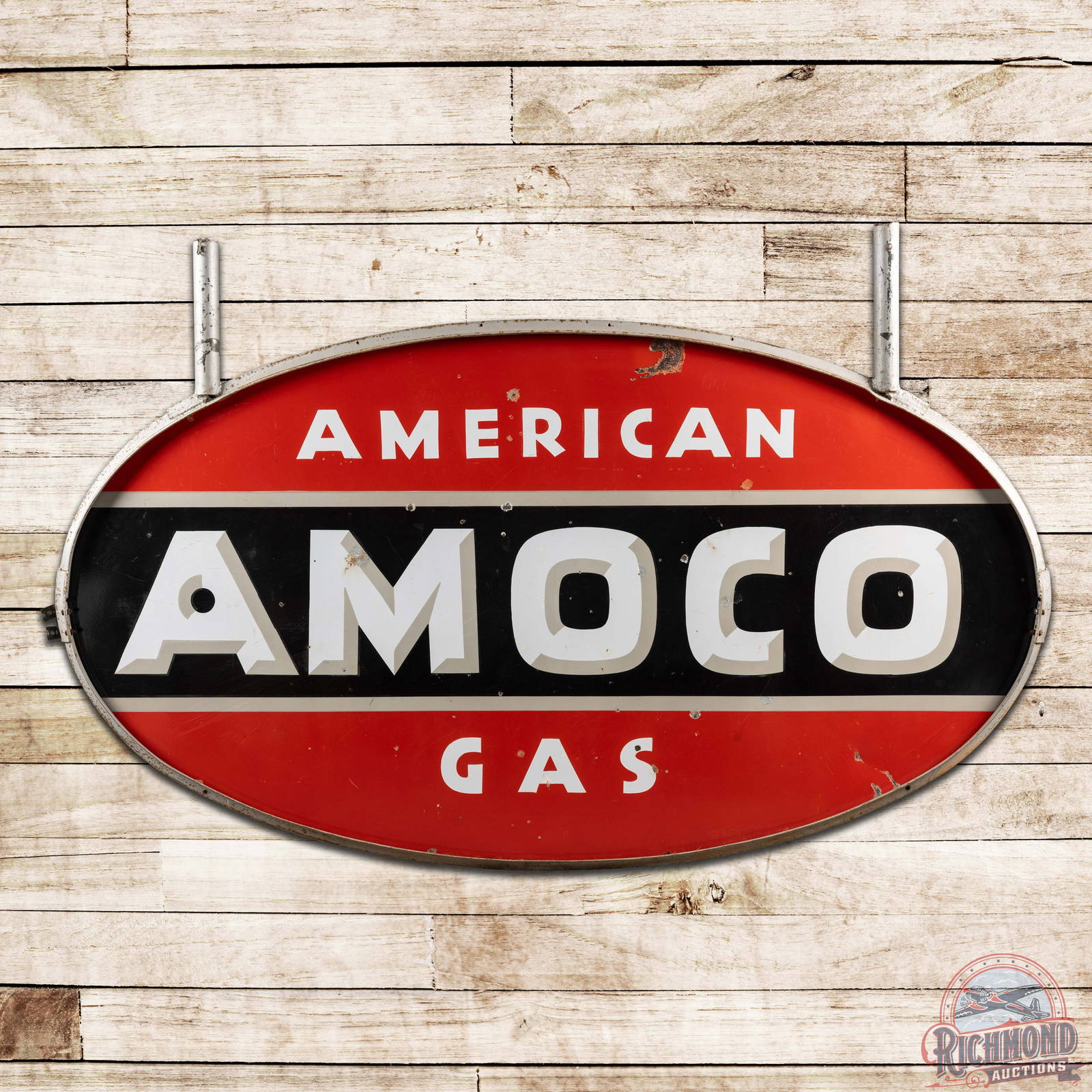 Amoco Gasoline 8' Double Sided Porcelain Id Sign W/ Frame Auction