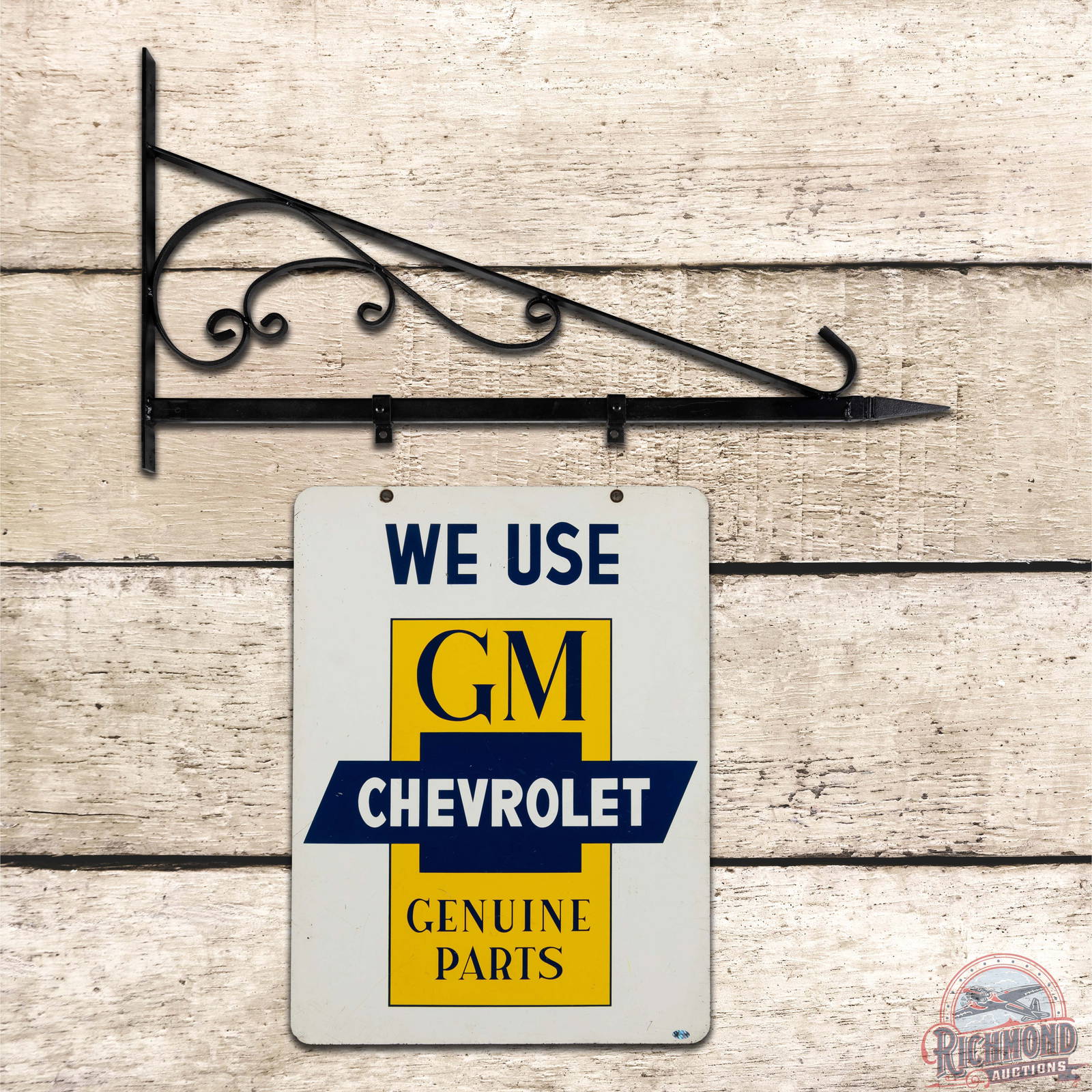 We Use Chevrolet Gm Genuine Parts Double Sided Tin Sign W/ Logo Auction