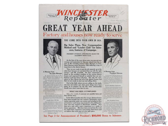 1923 Rare Winchester Repeater Volume 1 No. 1 Advertising Poster