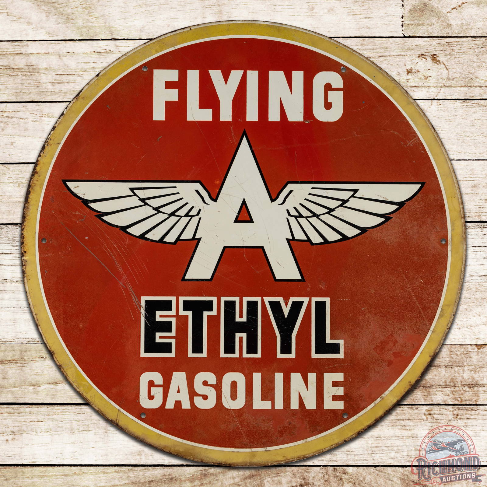 Flying A Ethyl Gasoline 38" Single Sided Tin Sign W/ Logo Auction