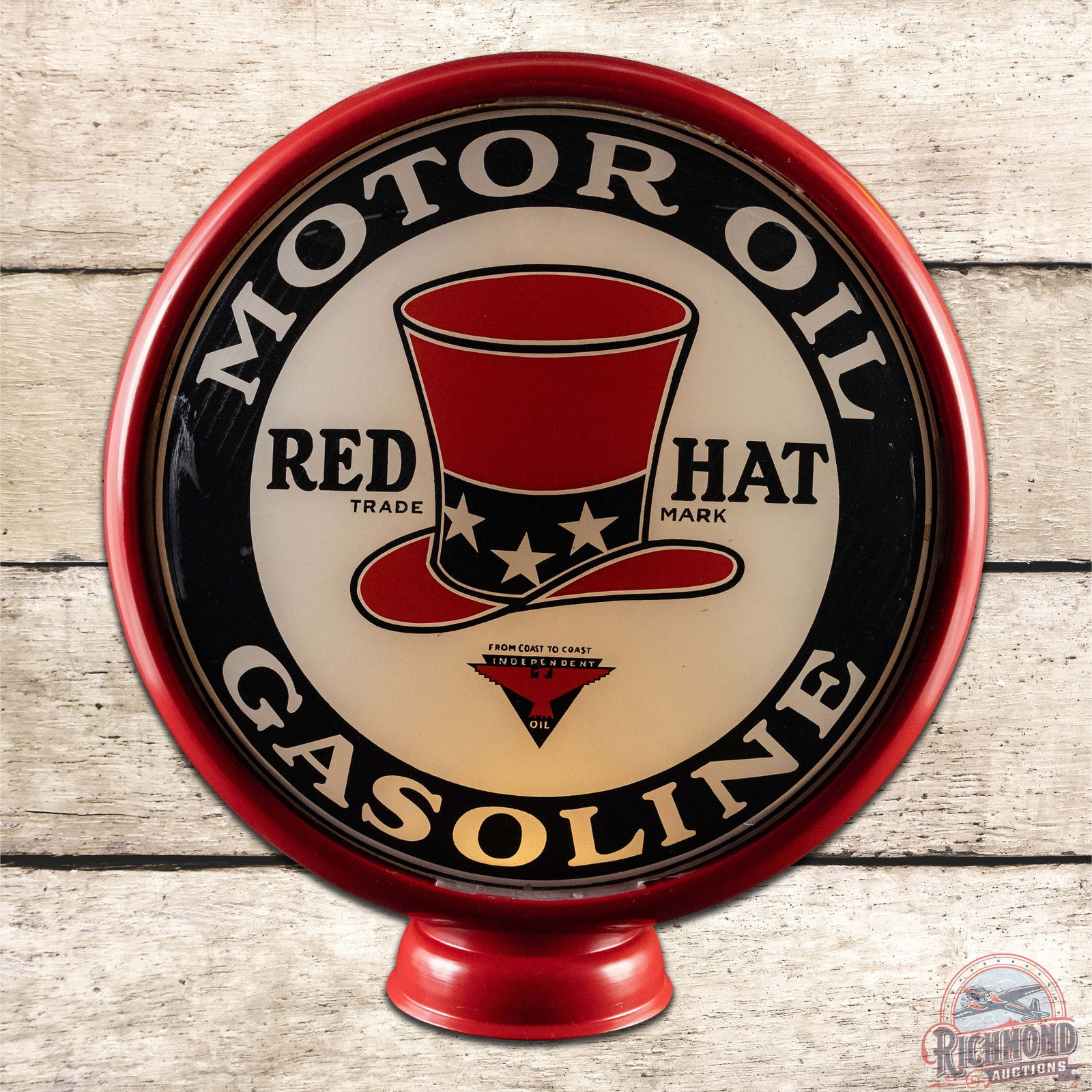 Fantastic Red Hat Motor Oil Gasoline 15" Single Lens W/ Hp Metal Body Gas Pump Globe Auction