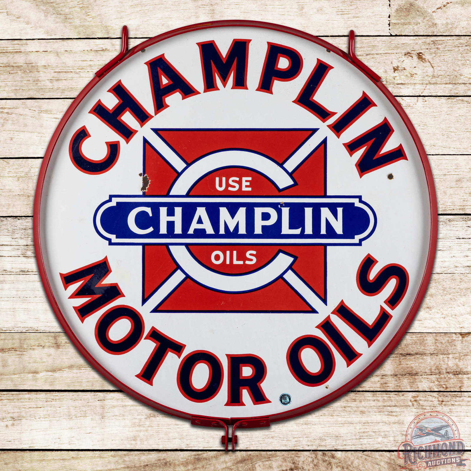 Champlin Motor Oils 30" Double Sided Porcelain Logo Sign W/ Ring Auction