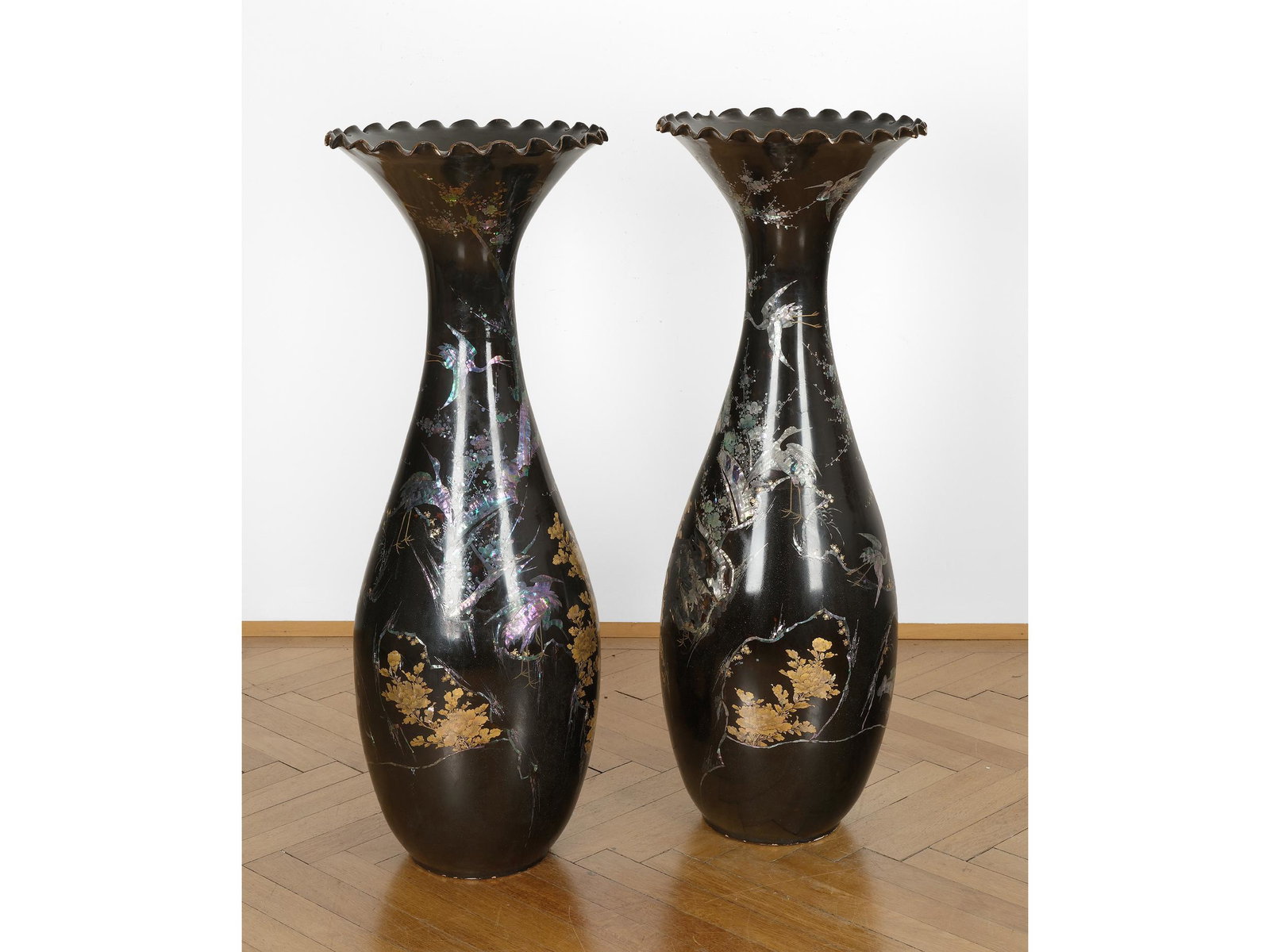 2 Large Vases, China/japan?, Ceramic With Mother Of Pearl Inlays
