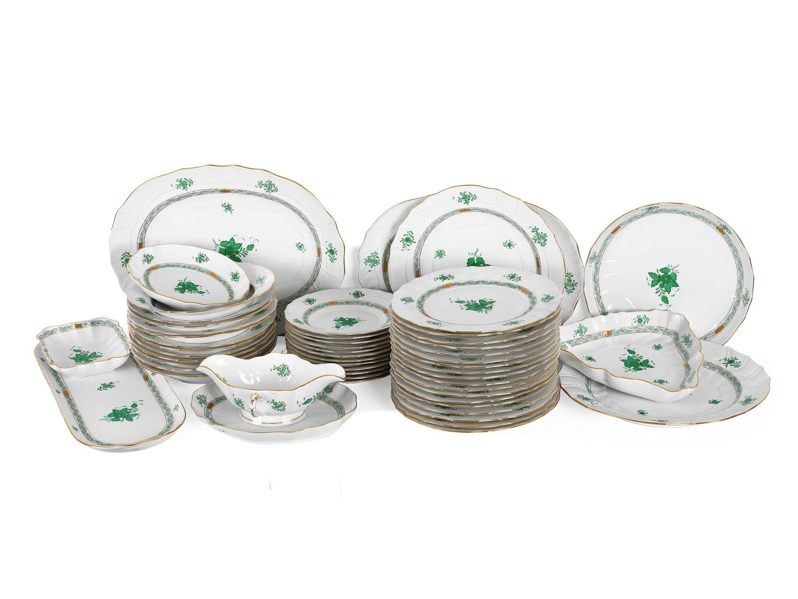 Large Dinner Service, 53 Piece, Herend, Apponyi Vert Auction