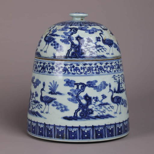 A Blue And White Birds Mallet Formed Jar And Cover