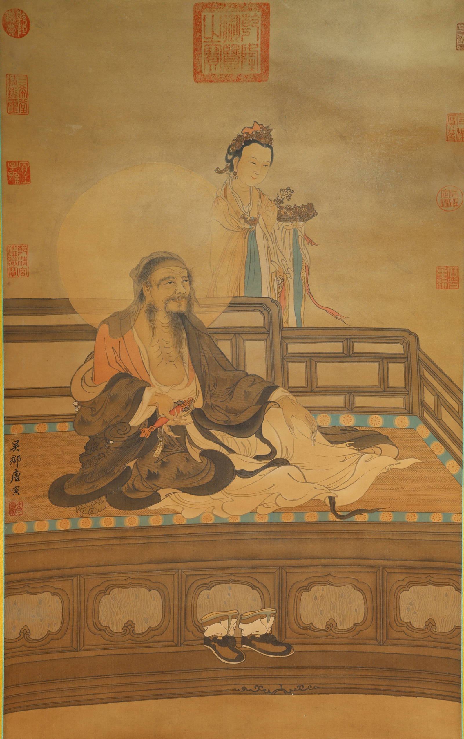 Chinese Character Silk Painting, Tang Yin Mark Auction