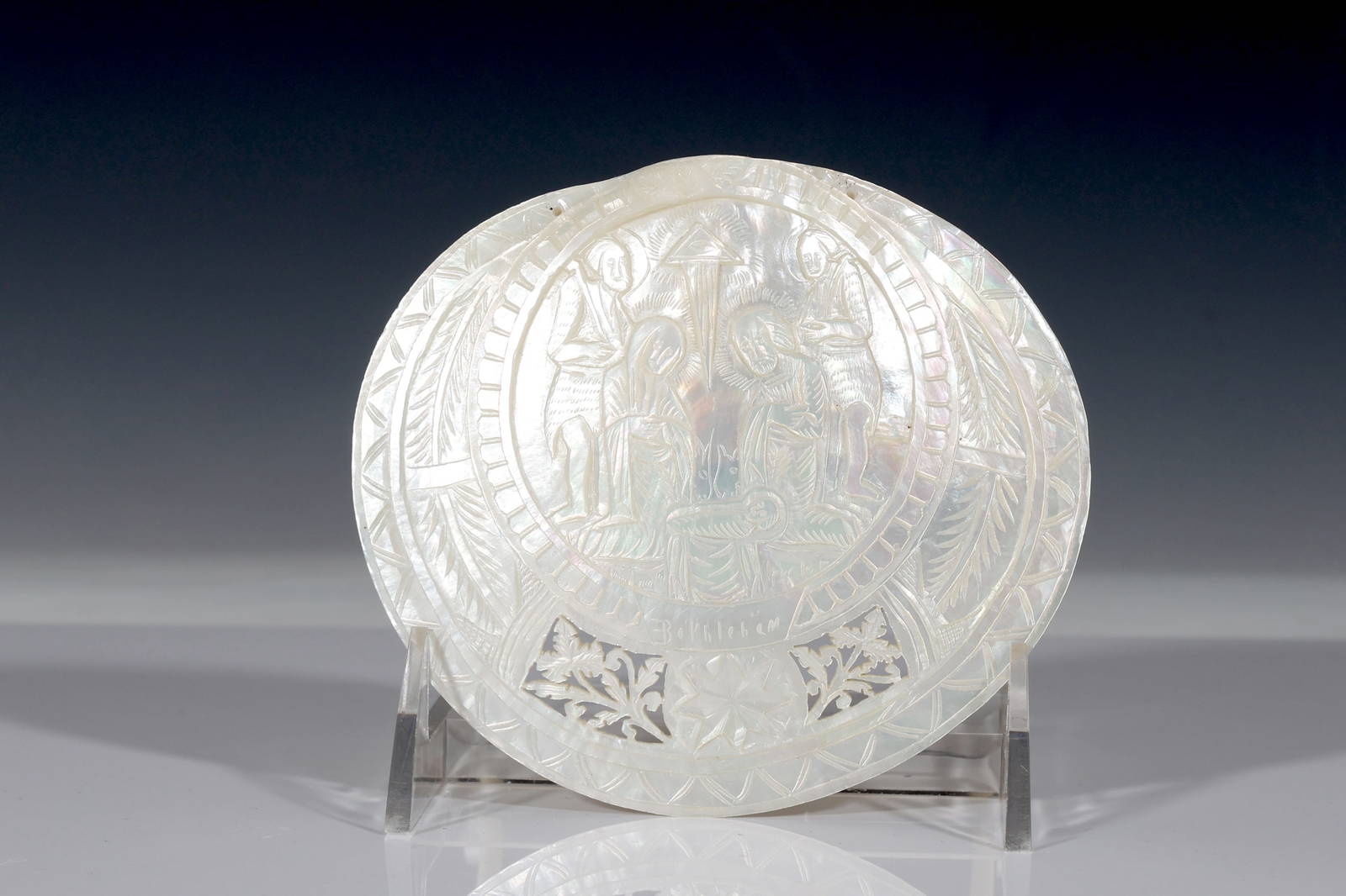 Large Carved Shell Religious Scenes Auction