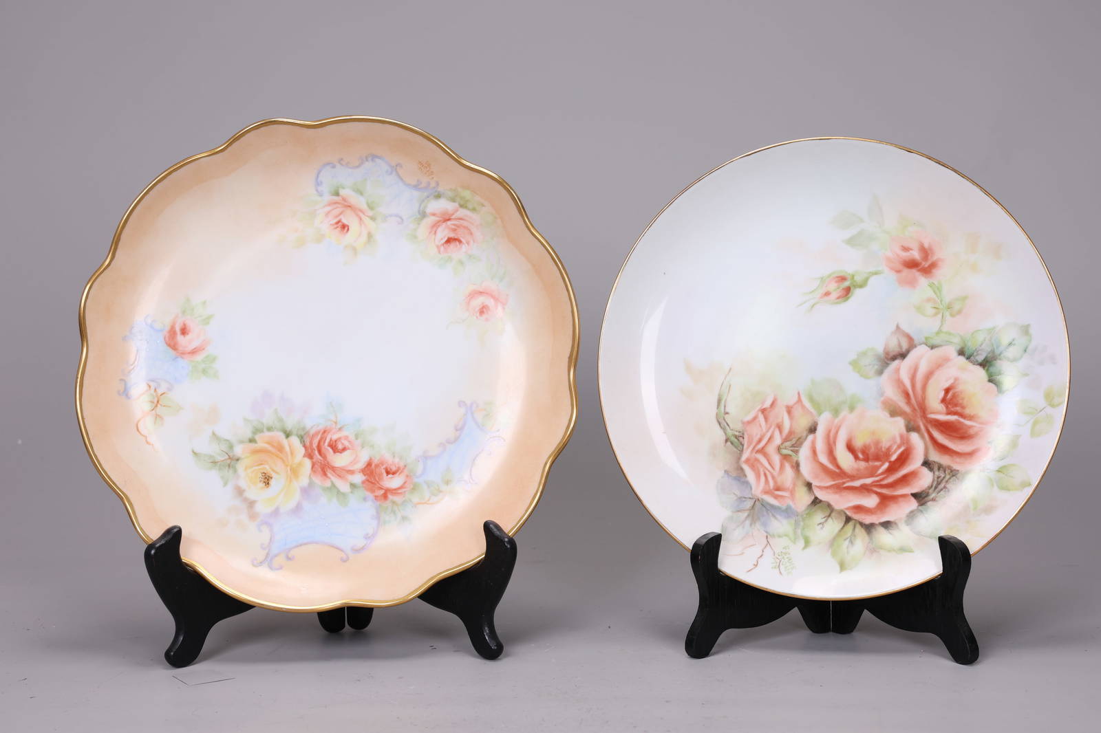 Two Hand Painted Flower Porcelain Plates Auction