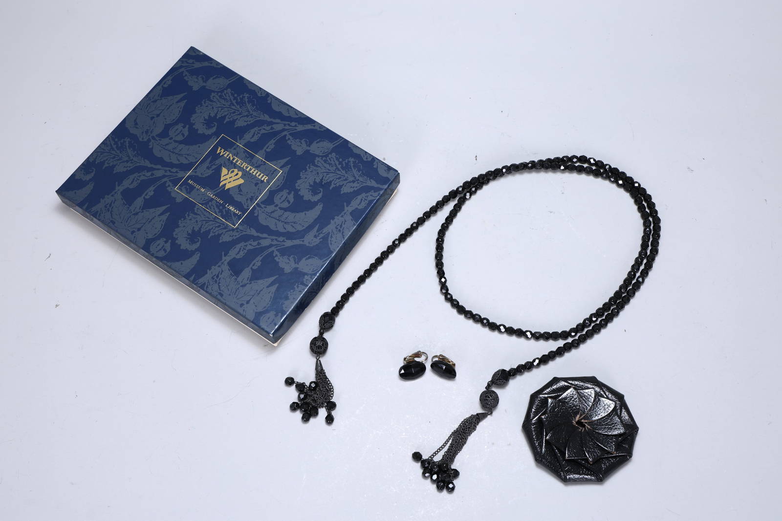 Winterthur Museum Black Beads And Leather Necklace Earring Brooch Set ...