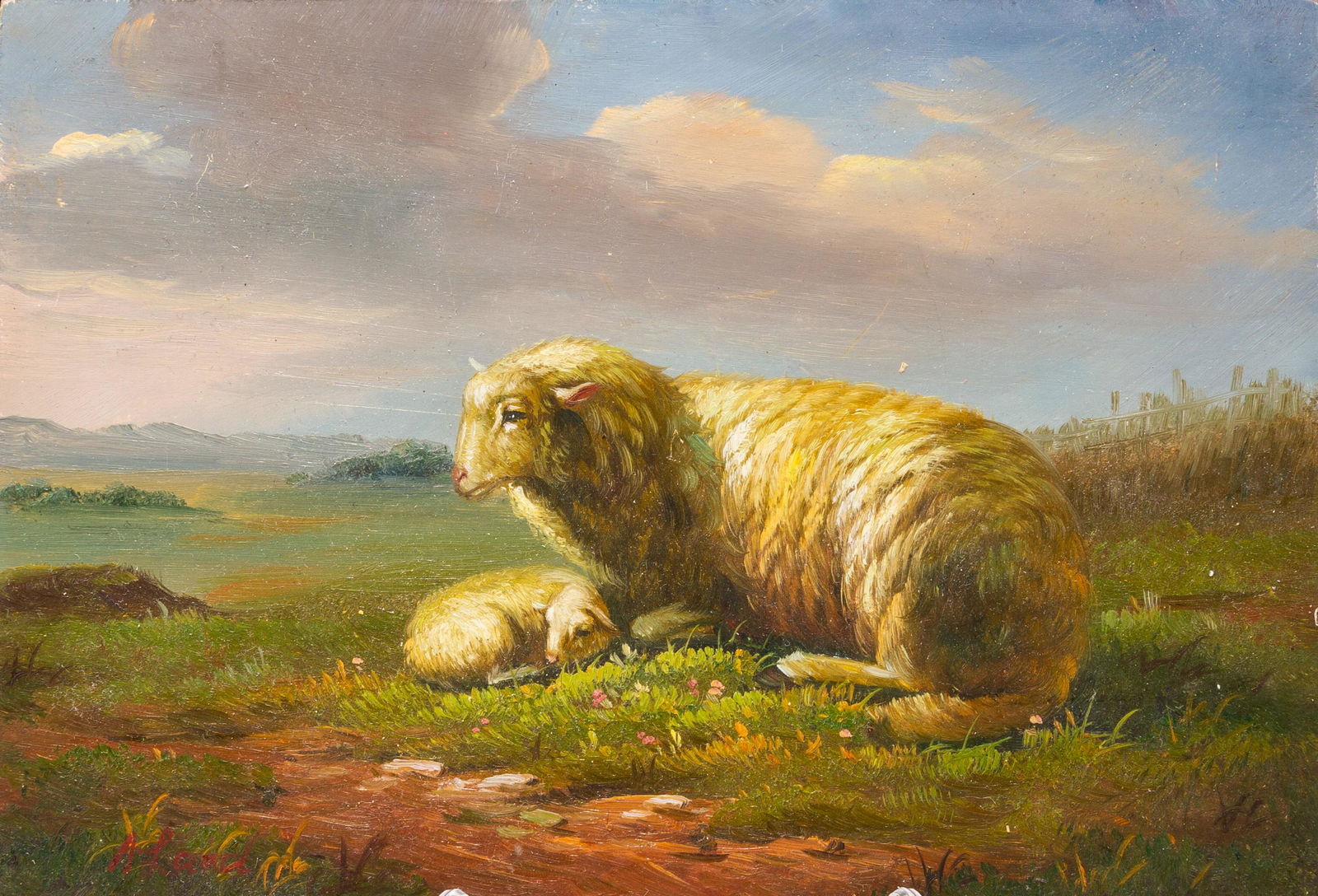 Sheep Landscape Oil Painting On Panel Signed