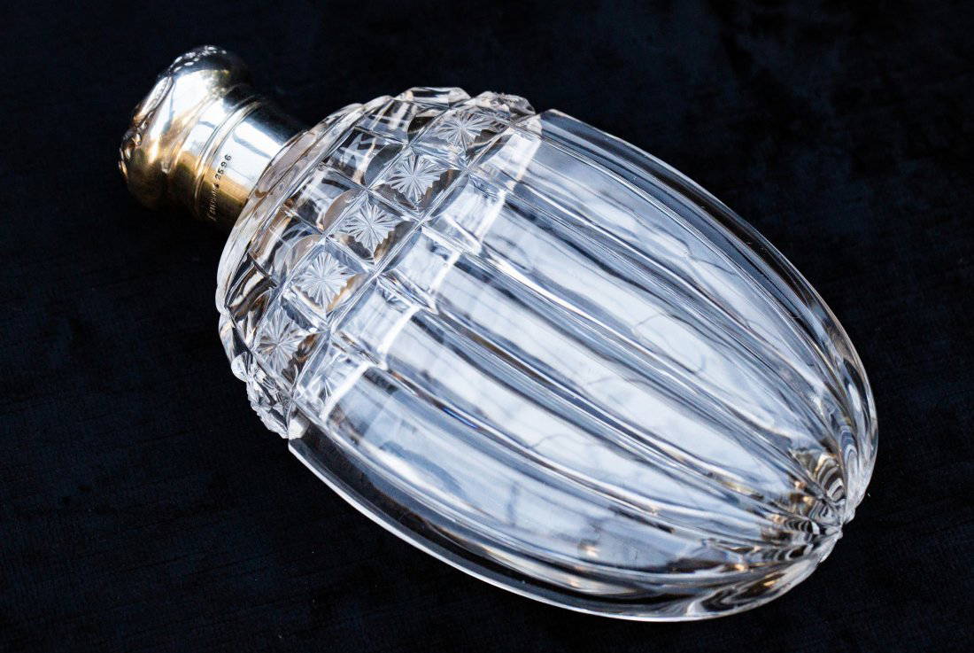Beautiful Brilliant Period Cut Glass Flask W/ Clear Tusk Work Sterling ...