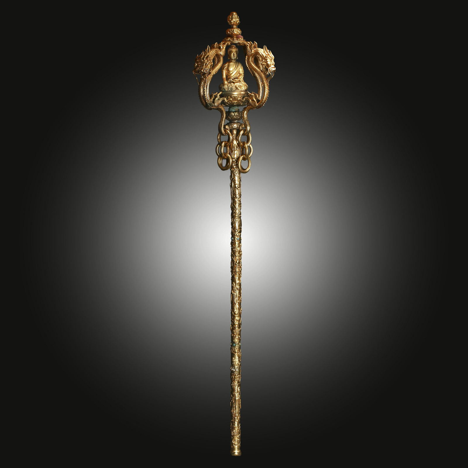 Ming And Qing Dynasties Bronze Gilded Gold Four Dragons Buddha Zen Staff