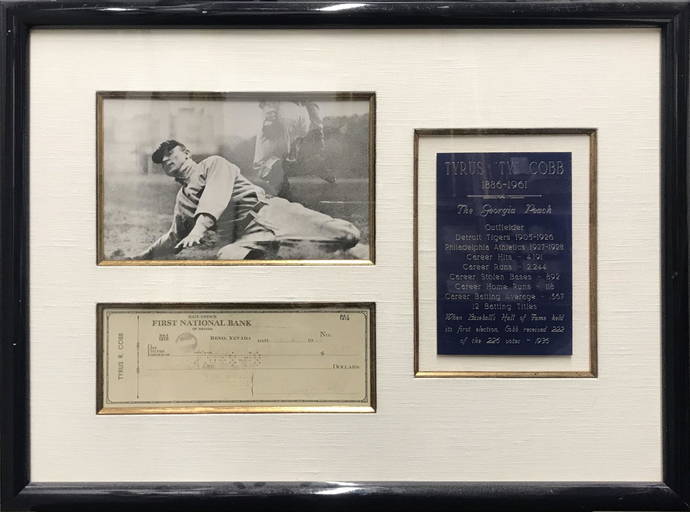 Ty Cobb Autographed Check With Photo And Plaque, 1948