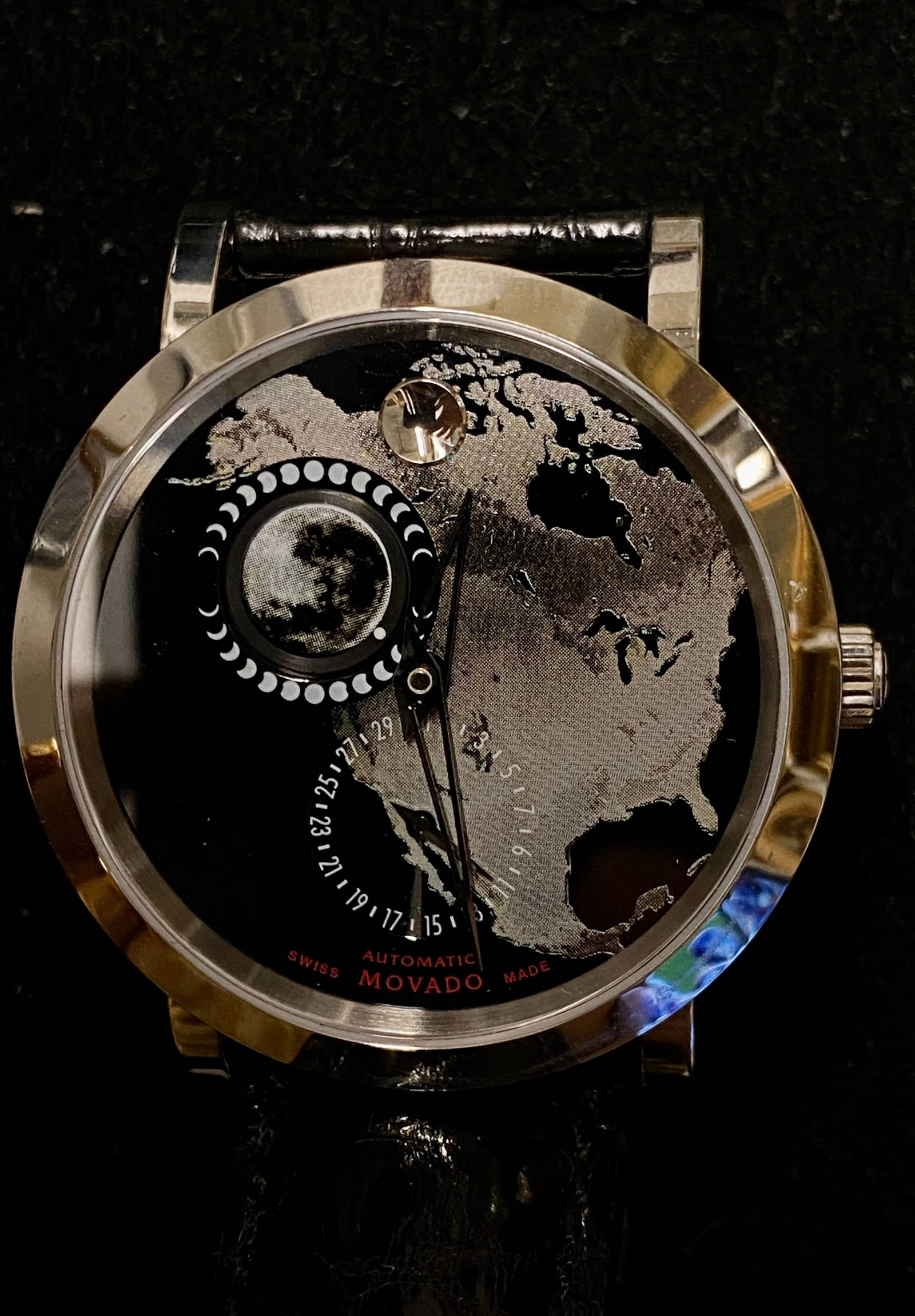 Movado Limited Edition Red Label Planisphere Watch W/ Rare Black Planet ...