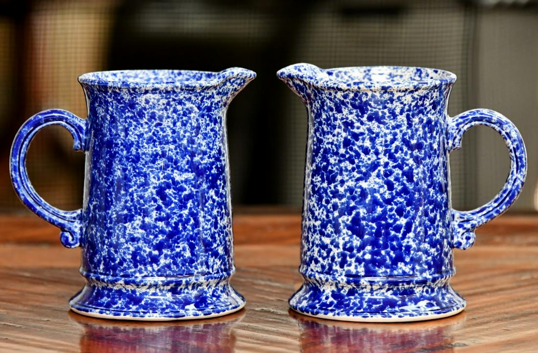 19th Century Blue And White Spongeware Pitchers