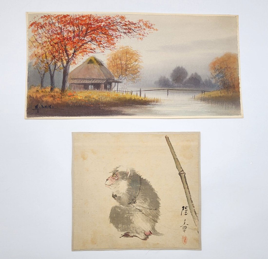 Antique Japanese Watercolor Painting Of House Overlooking Bridge Signed ...