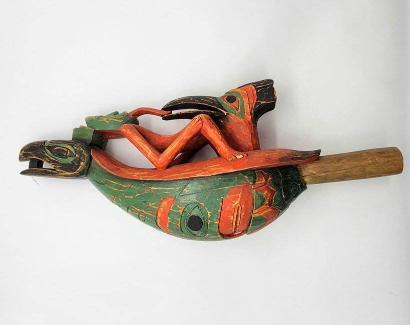 Carved Tlingit Style Ceremonial Rattle Of Man And Bird Auction