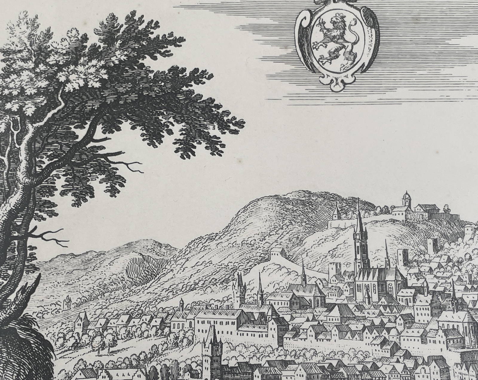 Marburg, Germany: panorama with crest. Reproduction of a line engraving ...