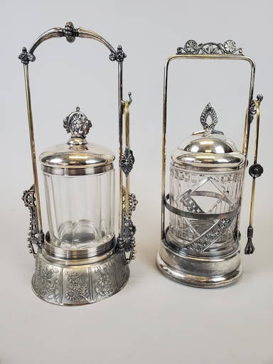 Two Antique 19thc Silver & Glass Pickle Castors