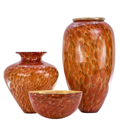 Cohn Stone Art Glass Tortoise Shell Vases & Bowl, 2001