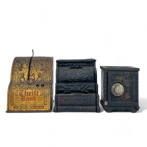 Three Vintage Banks, Tin Litho "thrift Bank" Cash Register, Cast Iron ...