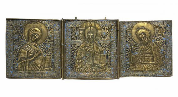 Antique Russian Orthodox Enameled Bronze Icon