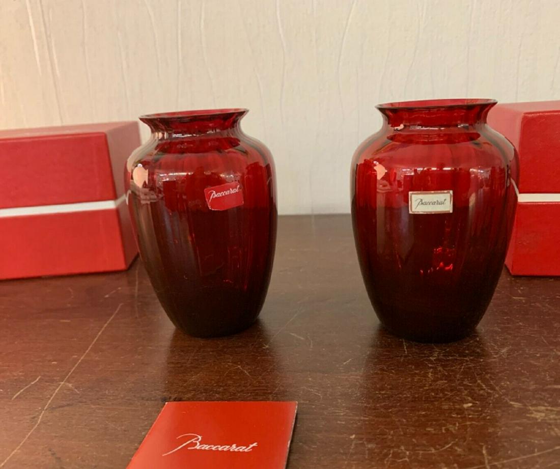 Baccarat Signed Pair Of Red Crystal Vase With Box