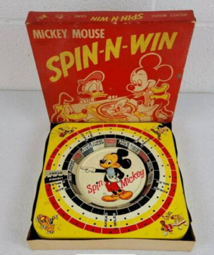 Disney Mickey Mouse Spin N Win Tin Litho Game Toy With Original Pieces Box