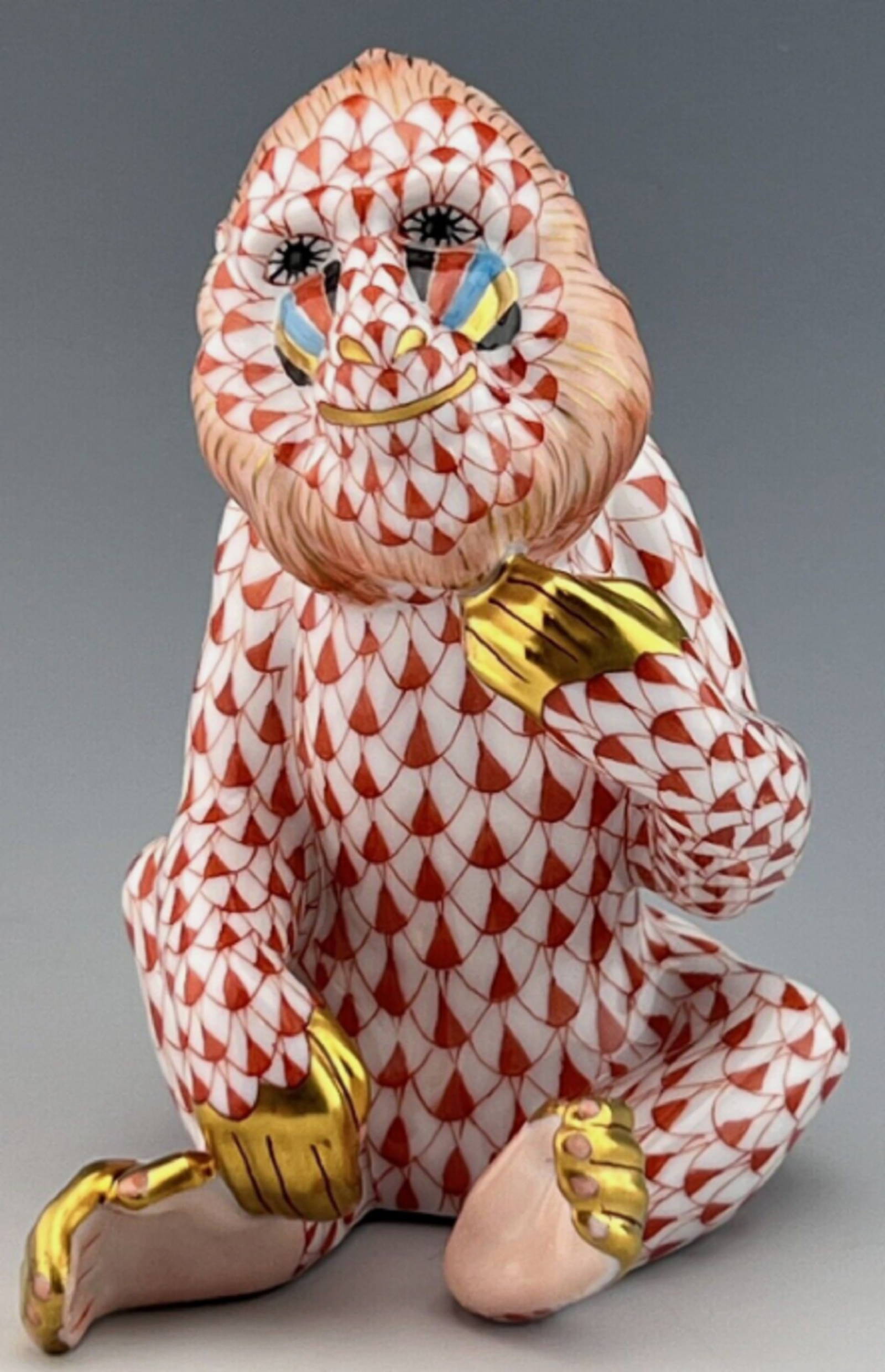 Herend Signed Rare Baboon Rust Fishnet Monkey Figurine Auction