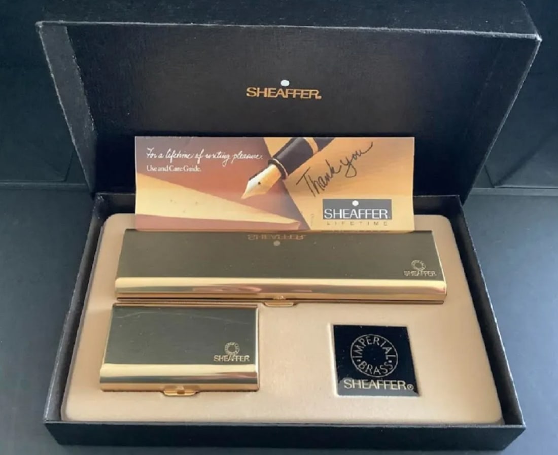 Sheaffer Signed Targa Imperial Brass Fountain Pen In Box 14k Gold Nib ...