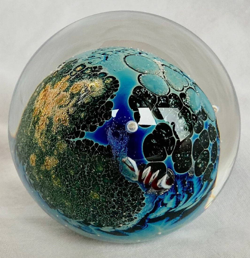 Josh Simpson Signed Art Glass Sphere On Pedestal, Inhabited Blue Planet ...