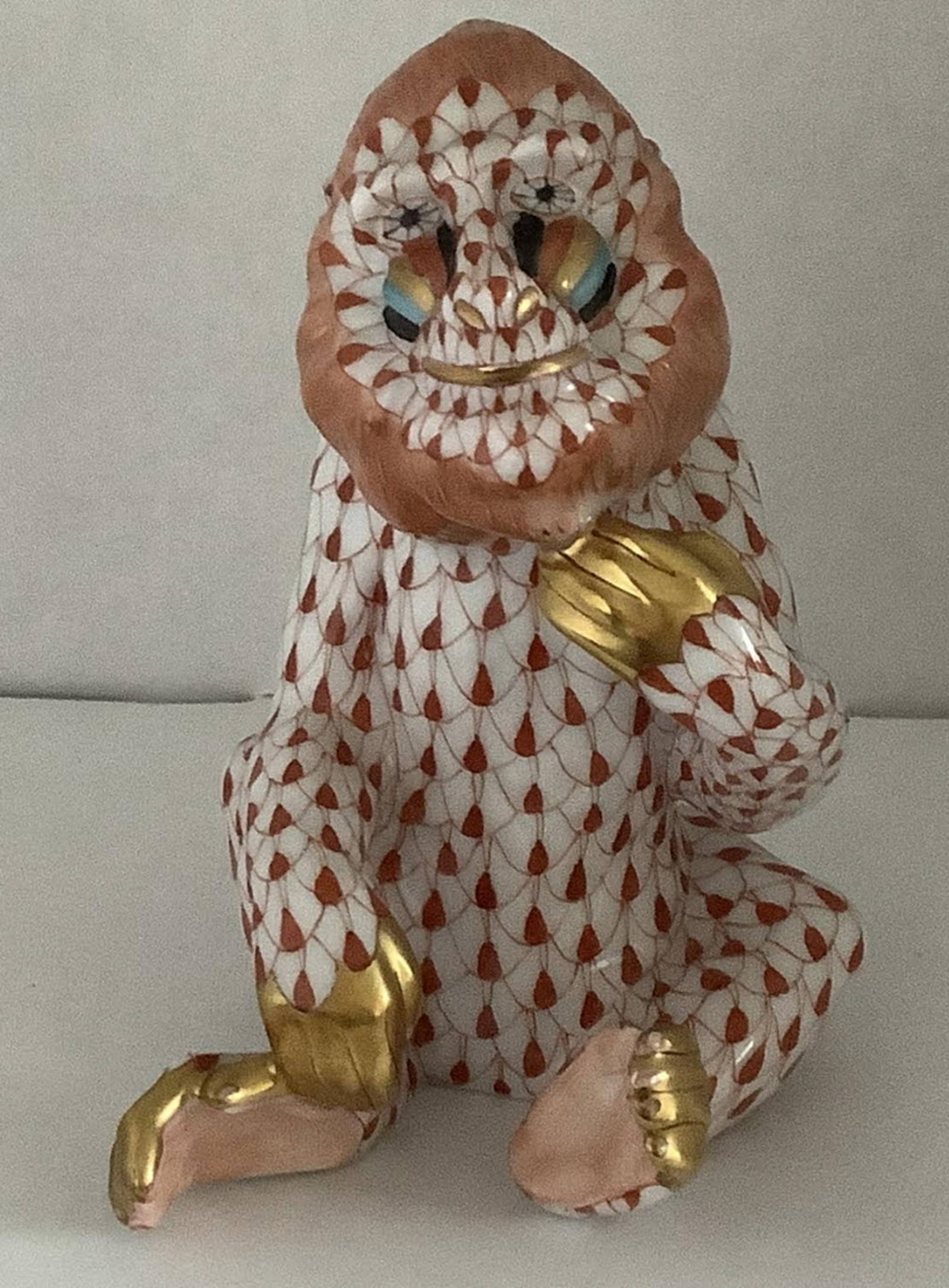 Herend Signed Large Rust Fishnet Baboon Monkey Made In Hungary Auction