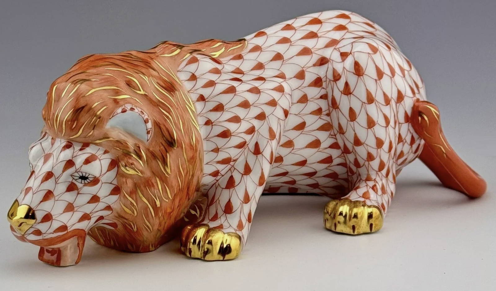 Herend Signed Porcelain Rust Fishnet Drinking Lion Hand Painted With 24 ...