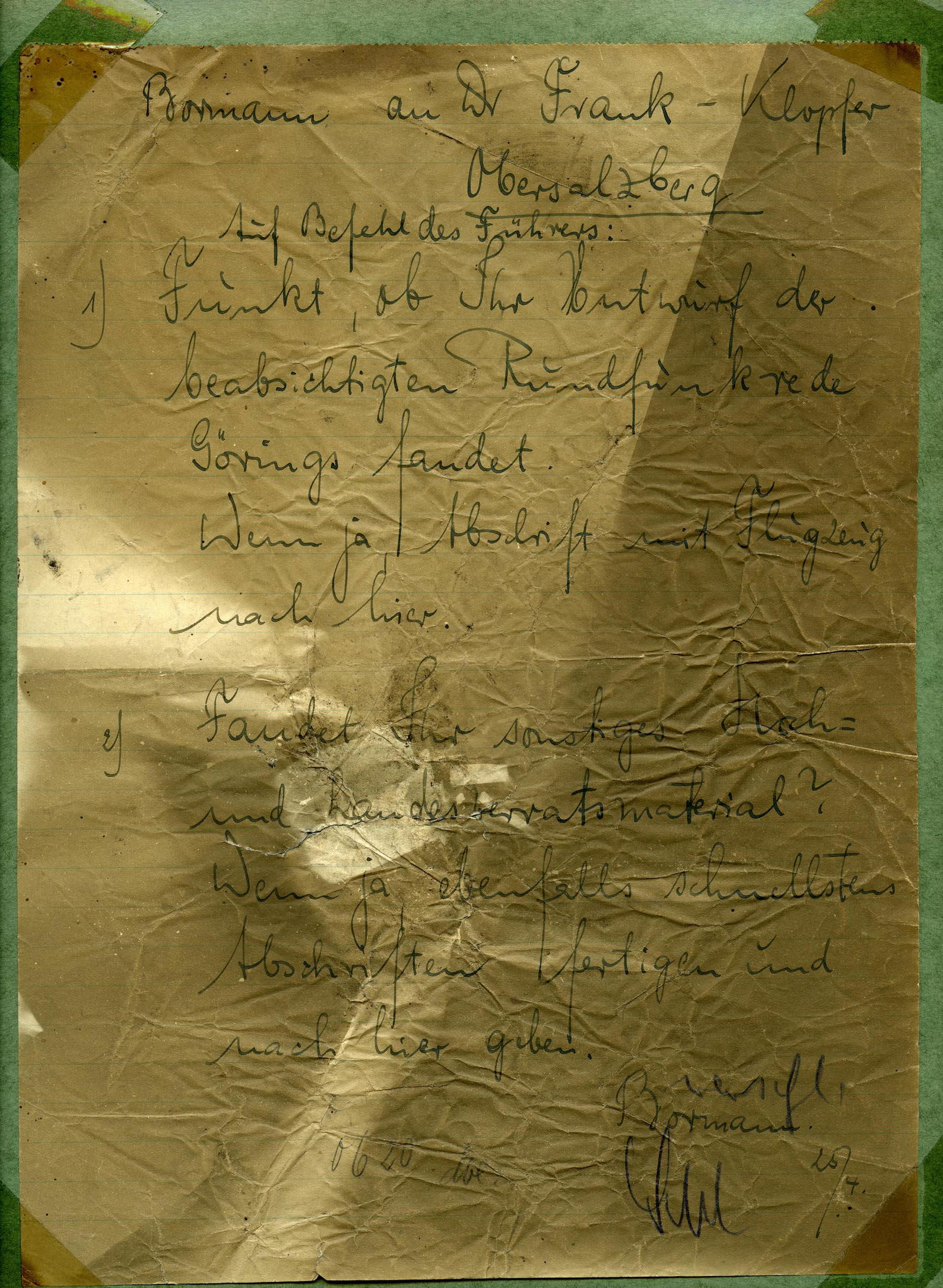 Draft of handwritten telegram by Bormann on the Goring affair ...