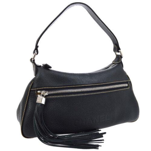 Authentic Chanel Fringe Cc Hand Bag Purse Black Leather