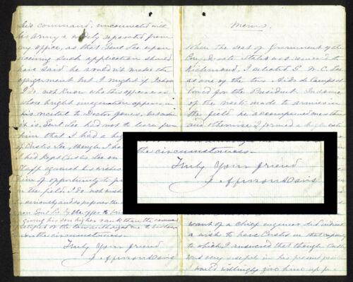 Jefferson Davis Signed 6x9.5 Letter Hand Written By His (#1689M) on Feb ...
