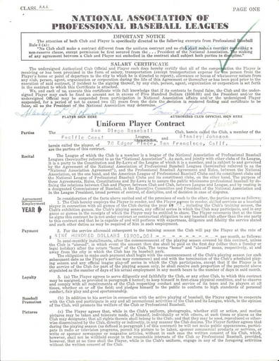 Stanley Johson San Diego Pcl D.2012 Signed 1951 Uniform Player Contract
