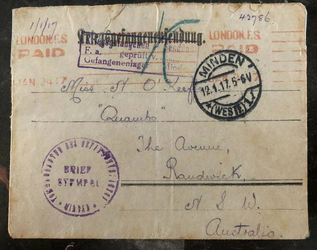 1917 Minden Germany POW CAmp Cover Australian Prisoner Of War To Randwick AU (#0044G) on Apr 21 ...