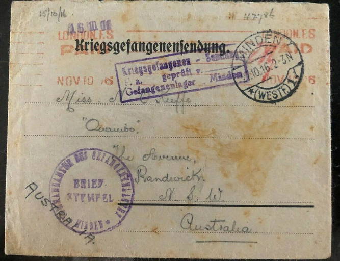 1916 Minden Germany POW CAmp Cover Australian Prisoner Of War To Randwick (#0114G) on Apr 22 ...