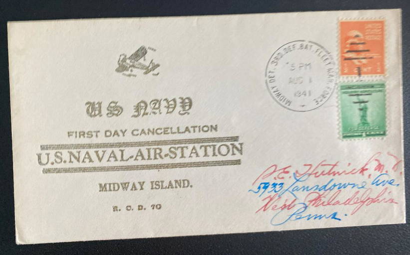 1941 Us Naval Air Station Midway Island First Day Cover To Philadelphia Pa
