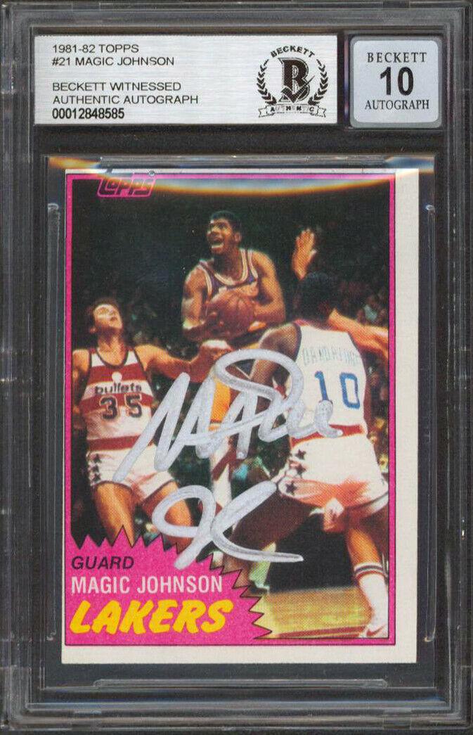 Magic Johnson Signed 1981 Topps #21 Card Auto 10! Bas Slab